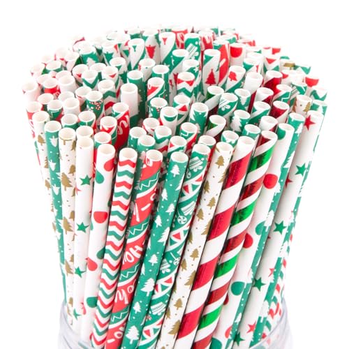 HAKSEN 125PCS Christmas Paper Straws, 10 Styles Red and Green Christmas Drinking Straws Stripes Christmas Straws for Drinks Party Wedding Favors DIY Crafts Supplies