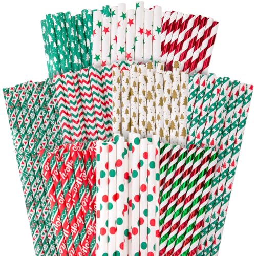 HAKSEN 125PCS Christmas Paper Straws, 10 Styles Red and Green Christmas Drinking Straws Stripes Christmas Straws for Drinks Party Wedding Favors DIY Crafts Supplies