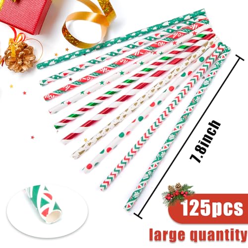 HAKSEN 125PCS Christmas Paper Straws, 10 Styles Red and Green Christmas Drinking Straws Stripes Christmas Straws for Drinks Party Wedding Favors DIY Crafts Supplies