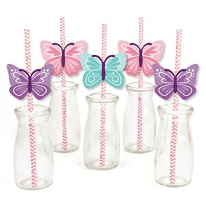 big dot of happiness beautiful butterfly - paper straw decor - floral baby shower or birthday striped decorative straws - set of 24