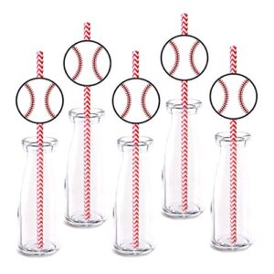 baseball party straw decor, 24-pack baseball sports boy girl baby shower or birthday party decorations, paper decorative straws