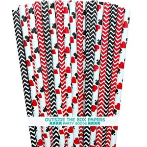 casino night theme chevron and card design paper straws - red black white - 7.75 inches - pack of 100 - outside the box papers brand