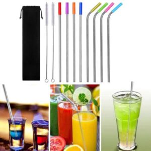 set of 8pc reusable stainless steel straws with travel case cleaning brush silicone tips eco friendly 8.5" metal straws drinking for 20 24 30 oz tumbler