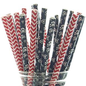 Pirate Party Straws, Skull & Crossbones Skeleton Straws (50 Pack) - Black & Red Halloween Pirate Birthday Party Supplies & Table Decorations, Halloween Paper Straws