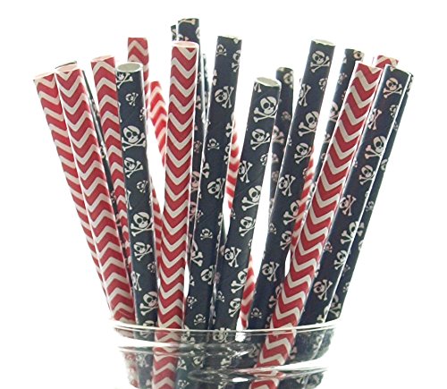 Pirate Party Straws, Skull & Crossbones Skeleton Straws (50 Pack) - Black & Red Halloween Pirate Birthday Party Supplies & Table Decorations, Halloween Paper Straws