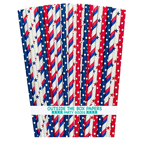 Red White and Blue Paper Straws - 4th of July Patriotic Party Supply - Stripes Stars Polka Dots - 100 Pack Outside the Box Papers Brand