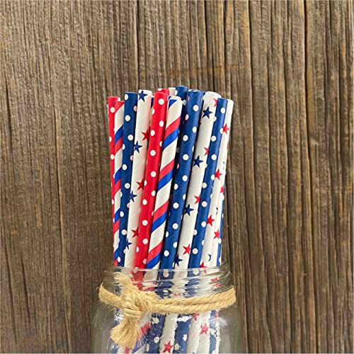 Red White and Blue Paper Straws - 4th of July Patriotic Party Supply - Stripes Stars Polka Dots - 100 Pack Outside the Box Papers Brand