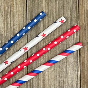 Red White and Blue Paper Straws - 4th of July Patriotic Party Supply - Stripes Stars Polka Dots - 100 Pack Outside the Box Papers Brand