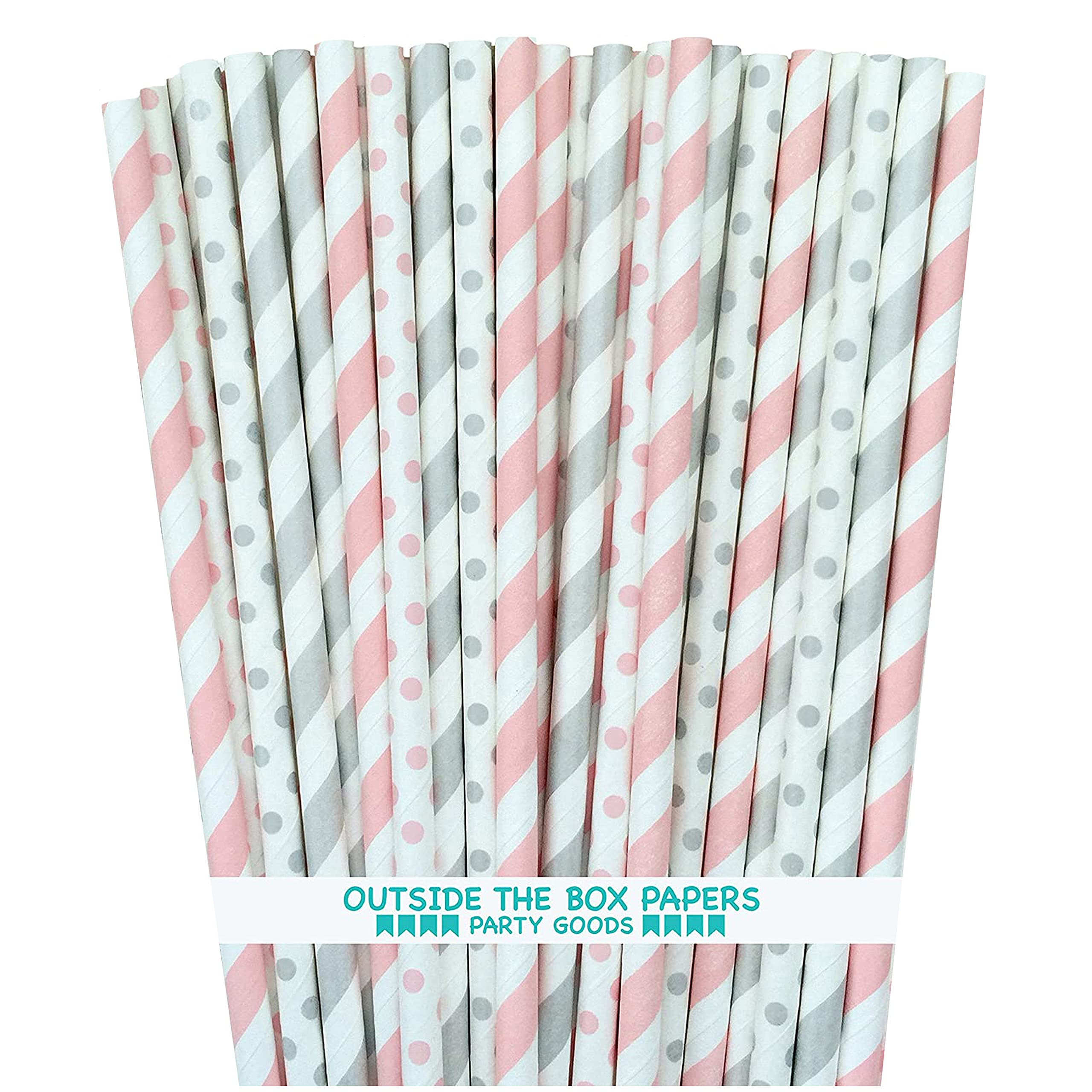 Light Pink and Silver Paper Straws Stripe Polka Dot - 7.75 Inches - 100 Pack - Outside the Box Papers Brand