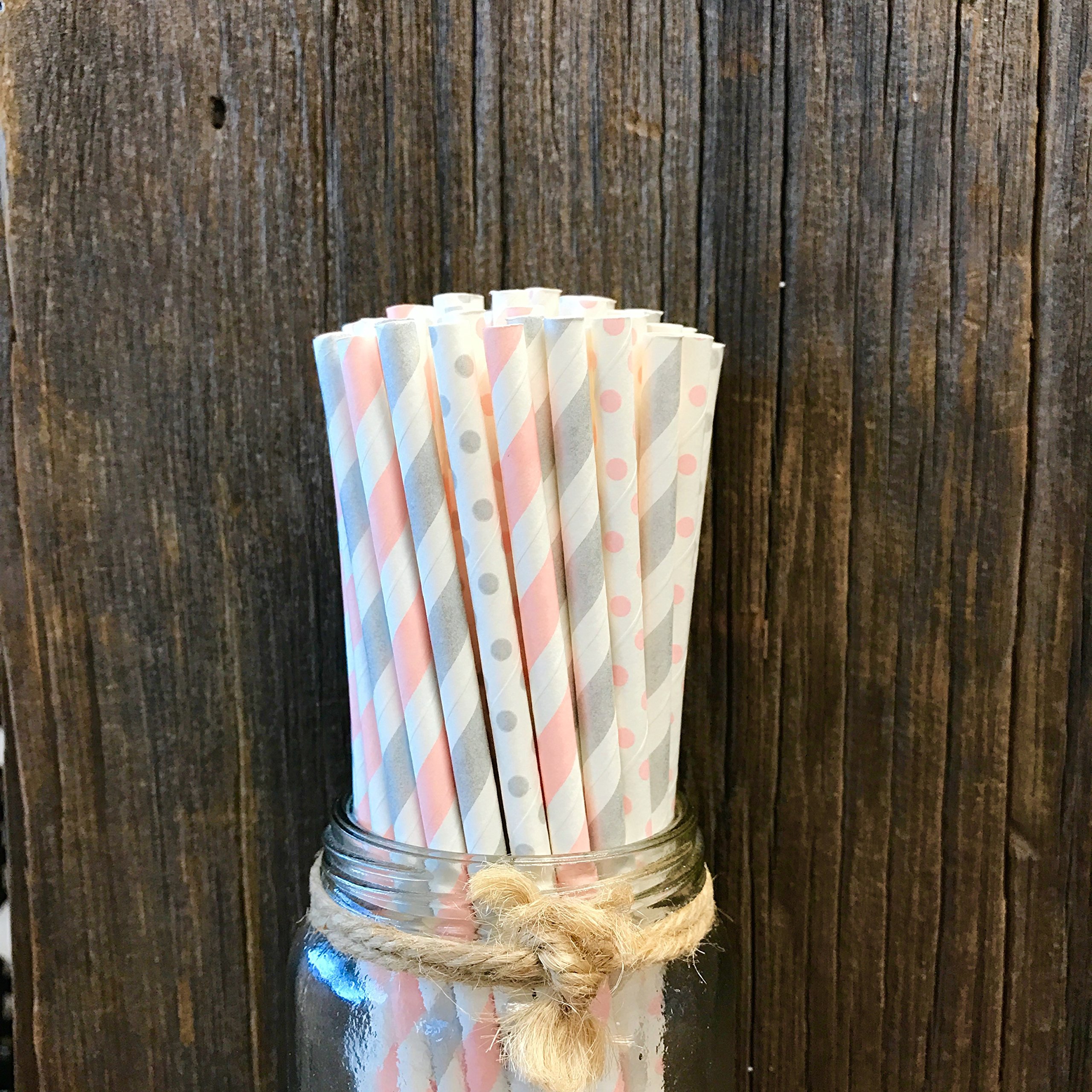 Light Pink and Silver Paper Straws Stripe Polka Dot - 7.75 Inches - 100 Pack - Outside the Box Papers Brand