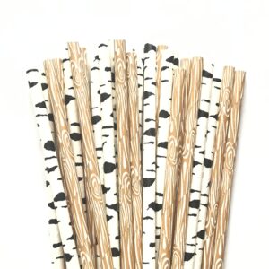 100 pcs mixed party paper straws bulk, cute tree wood grain black birch woodland rustic drinking straws bulk, picnic camp safari outdoor birthday baby bridal shower wedding cake pop sticks (timber)