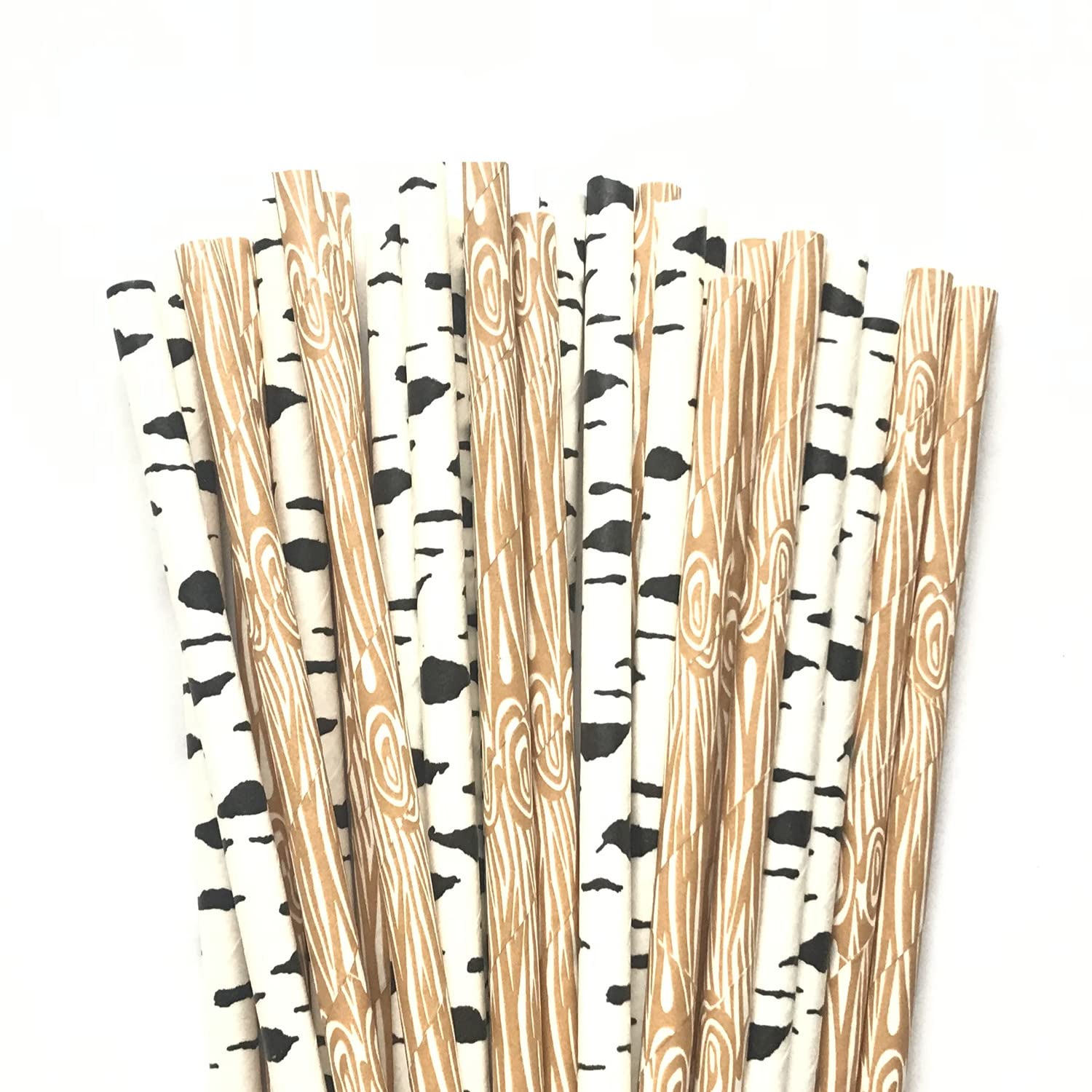 100 pcs Mixed Party Paper Straws Bulk, Cute Tree Wood Grain Black Birch Woodland Rustic Drinking Straws Bulk, Picnic Camp Safari Outdoor Birthday Baby Bridal Shower Wedding Cake Pop Sticks (Timber)