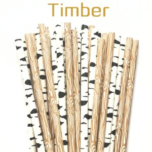 100 pcs Mixed Party Paper Straws Bulk, Cute Tree Wood Grain Black Birch Woodland Rustic Drinking Straws Bulk, Picnic Camp Safari Outdoor Birthday Baby Bridal Shower Wedding Cake Pop Sticks (Timber)