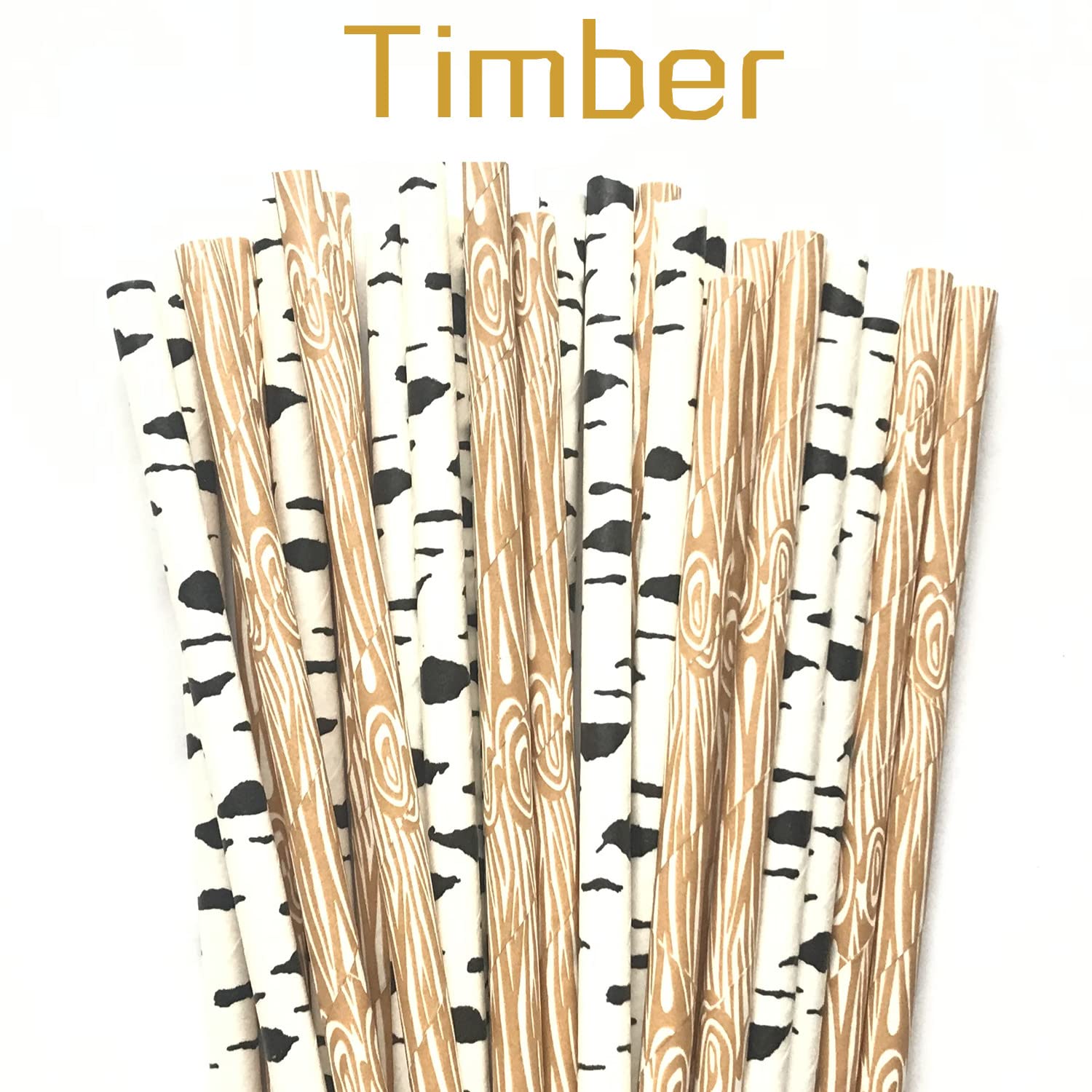 100 pcs Mixed Party Paper Straws Bulk, Cute Tree Wood Grain Black Birch Woodland Rustic Drinking Straws Bulk, Picnic Camp Safari Outdoor Birthday Baby Bridal Shower Wedding Cake Pop Sticks (Timber)