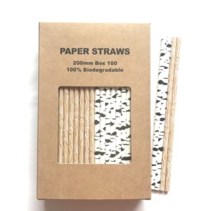 100 pcs Mixed Party Paper Straws Bulk, Cute Tree Wood Grain Black Birch Woodland Rustic Drinking Straws Bulk, Picnic Camp Safari Outdoor Birthday Baby Bridal Shower Wedding Cake Pop Sticks (Timber)