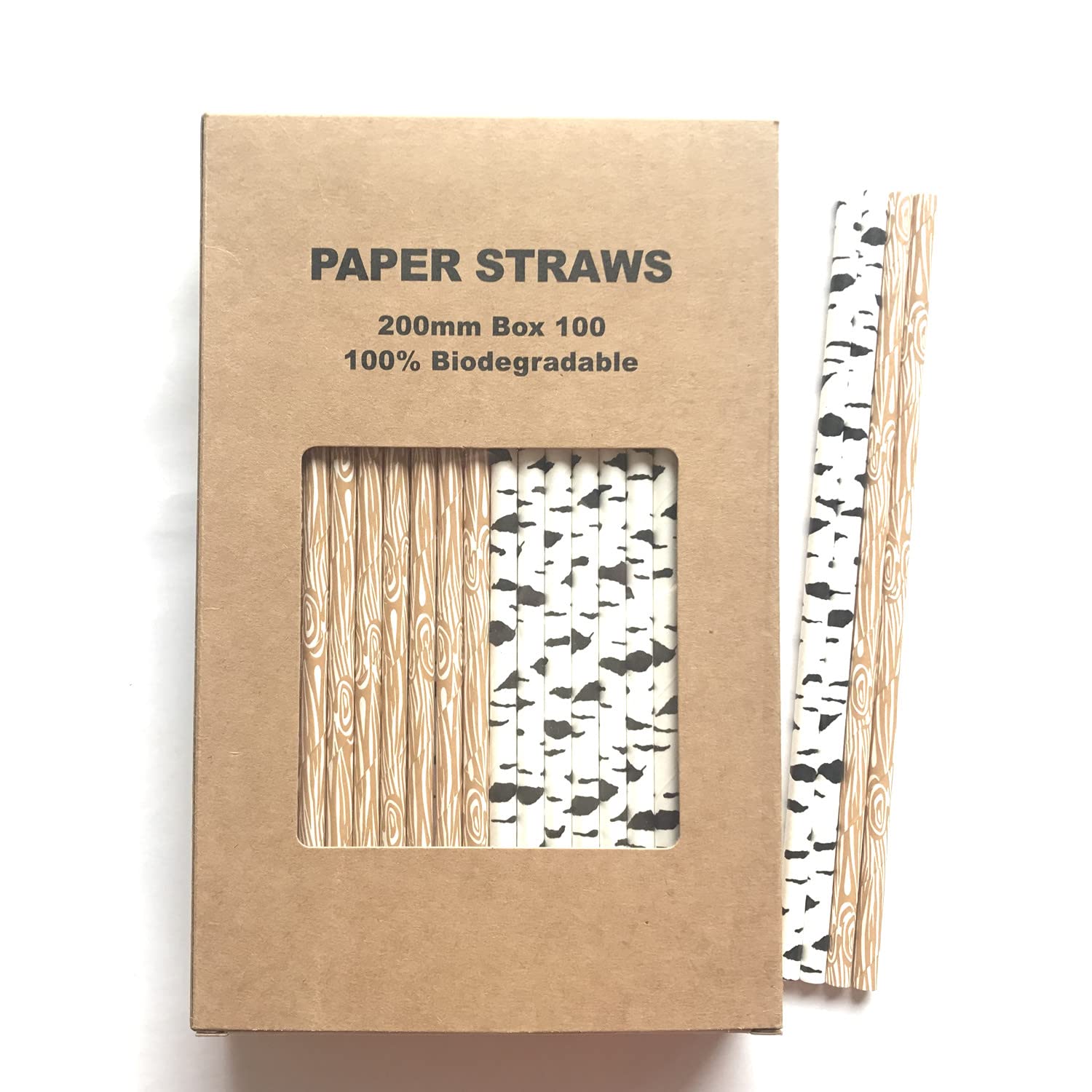 100 pcs Mixed Party Paper Straws Bulk, Cute Tree Wood Grain Black Birch Woodland Rustic Drinking Straws Bulk, Picnic Camp Safari Outdoor Birthday Baby Bridal Shower Wedding Cake Pop Sticks (Timber)