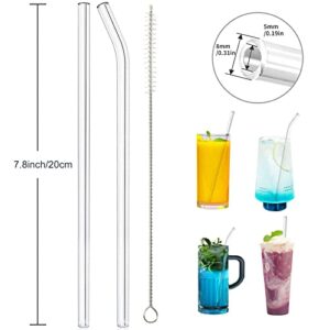 8Pcs Reusable Glass Straws, Clear Bent & Straight Drinking Straws for Smoothie Milkshake Cocktail Cold Drinks