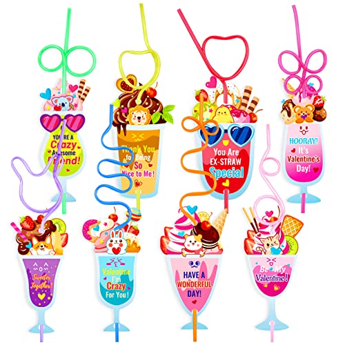 Qpout 32 Pack Valentine’s Day Cards for Kids,Funny Gift Cards with Loops Reusable Drinking Straws for Boys Girls Classroom Exchange Valentines Party Favors and Party Prizes