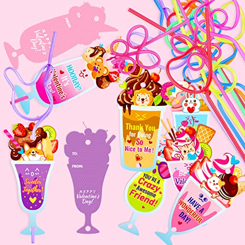 Qpout 32 Pack Valentine’s Day Cards for Kids,Funny Gift Cards with Loops Reusable Drinking Straws for Boys Girls Classroom Exchange Valentines Party Favors and Party Prizes