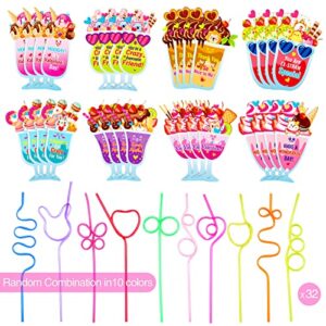 Qpout 32 Pack Valentine’s Day Cards for Kids,Funny Gift Cards with Loops Reusable Drinking Straws for Boys Girls Classroom Exchange Valentines Party Favors and Party Prizes