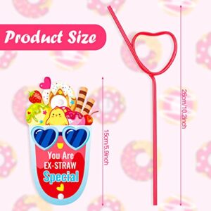 Qpout 32 Pack Valentine’s Day Cards for Kids,Funny Gift Cards with Loops Reusable Drinking Straws for Boys Girls Classroom Exchange Valentines Party Favors and Party Prizes