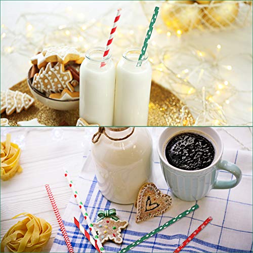 200 Pieces Christmas Holiday Paper Straws Drinking Straws Striped Dot Christmas Tree Pattern Straws for Christmas New Year Party Accessories