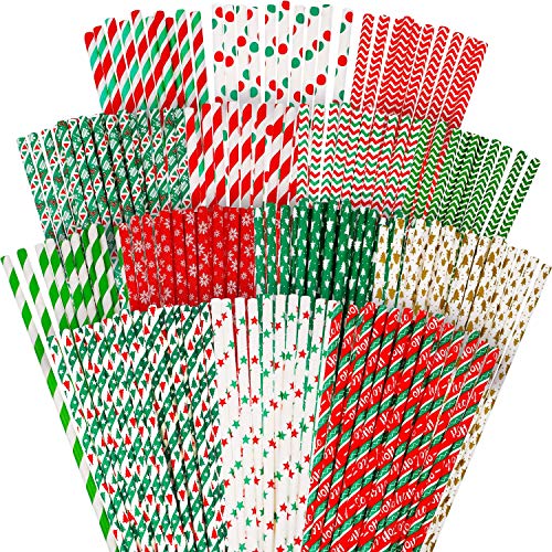 200 Pieces Christmas Holiday Paper Straws Drinking Straws Striped Dot Christmas Tree Pattern Straws for Christmas New Year Party Accessories