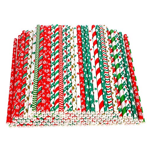 200 Pieces Christmas Holiday Paper Straws Drinking Straws Striped Dot Christmas Tree Pattern Straws for Christmas New Year Party Accessories