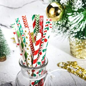 200 Pieces Christmas Holiday Paper Straws Drinking Straws Striped Dot Christmas Tree Pattern Straws for Christmas New Year Party Accessories