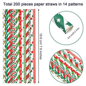 200 Pieces Christmas Holiday Paper Straws Drinking Straws Striped Dot Christmas Tree Pattern Straws for Christmas New Year Party Accessories