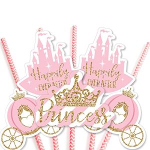 Little Princess Crown - Paper Straw Decor - Pink and Gold Princess Baby Shower or Birthday Party Striped Decorative Straws - Set of 24