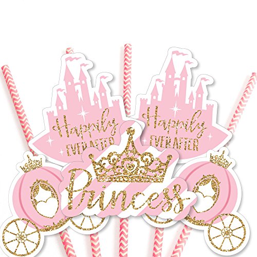 Little Princess Crown - Paper Straw Decor - Pink and Gold Princess Baby Shower or Birthday Party Striped Decorative Straws - Set of 24