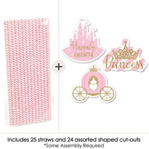 Little Princess Crown - Paper Straw Decor - Pink and Gold Princess Baby Shower or Birthday Party Striped Decorative Straws - Set of 24