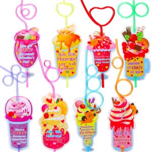 32pack valentines day cards for kids, valentines greeting cards(8 designs)+ colorful crazy loops reusable drinking straws (8 shapes) for classroom gifts exchange gift class prizes carnivals party