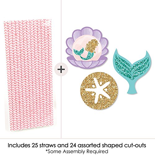 Let's Be Mermaids Paper Straw Decor - Baby Shower or Birthday Party Striped Decorative Straws - Set of 24