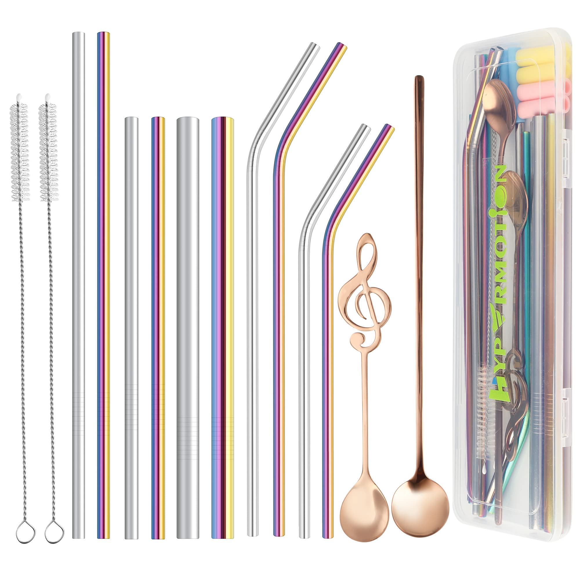 Hypermotion Reusable Straws Set, 10 Pack Different Size Stainless Steel Metal Drinking Straws with 6 Silicone Tips, 2 Smoothie Spoons, 2 Cleaning Brushes and Case, for 20~30 oz Tumbler