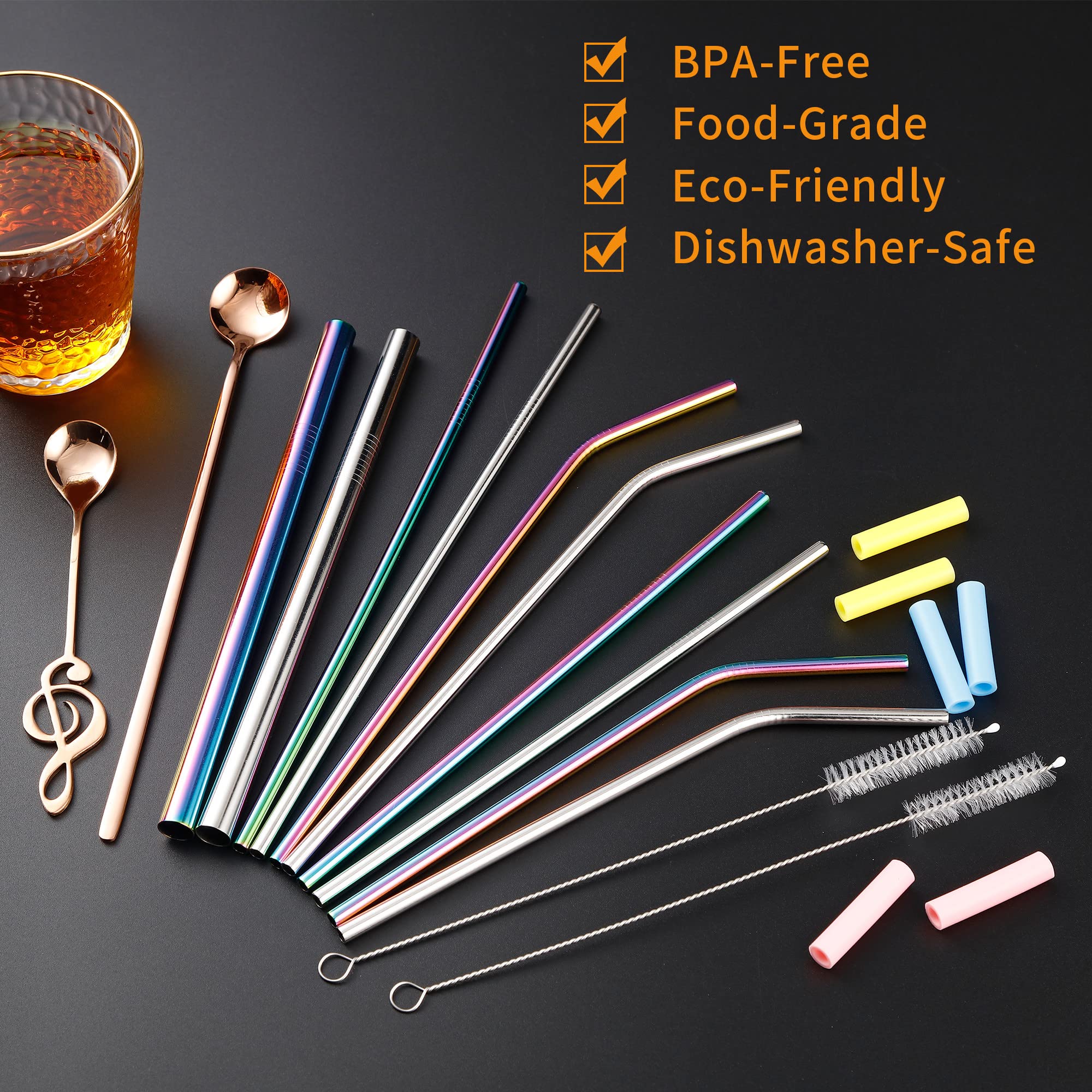 Hypermotion Reusable Straws Set, 10 Pack Different Size Stainless Steel Metal Drinking Straws with 6 Silicone Tips, 2 Smoothie Spoons, 2 Cleaning Brushes and Case, for 20~30 oz Tumbler