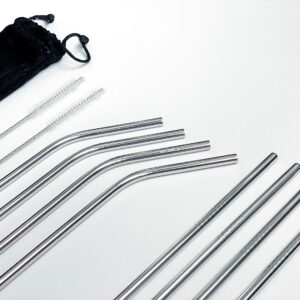 LAVA Premium 10pc 9.5" (6mm Diameter) Stainless Steel Metal Straws Includes (4) Straight Straws, (4) Bent Straws and (2) Cleaning Brushes with Travel Pouch