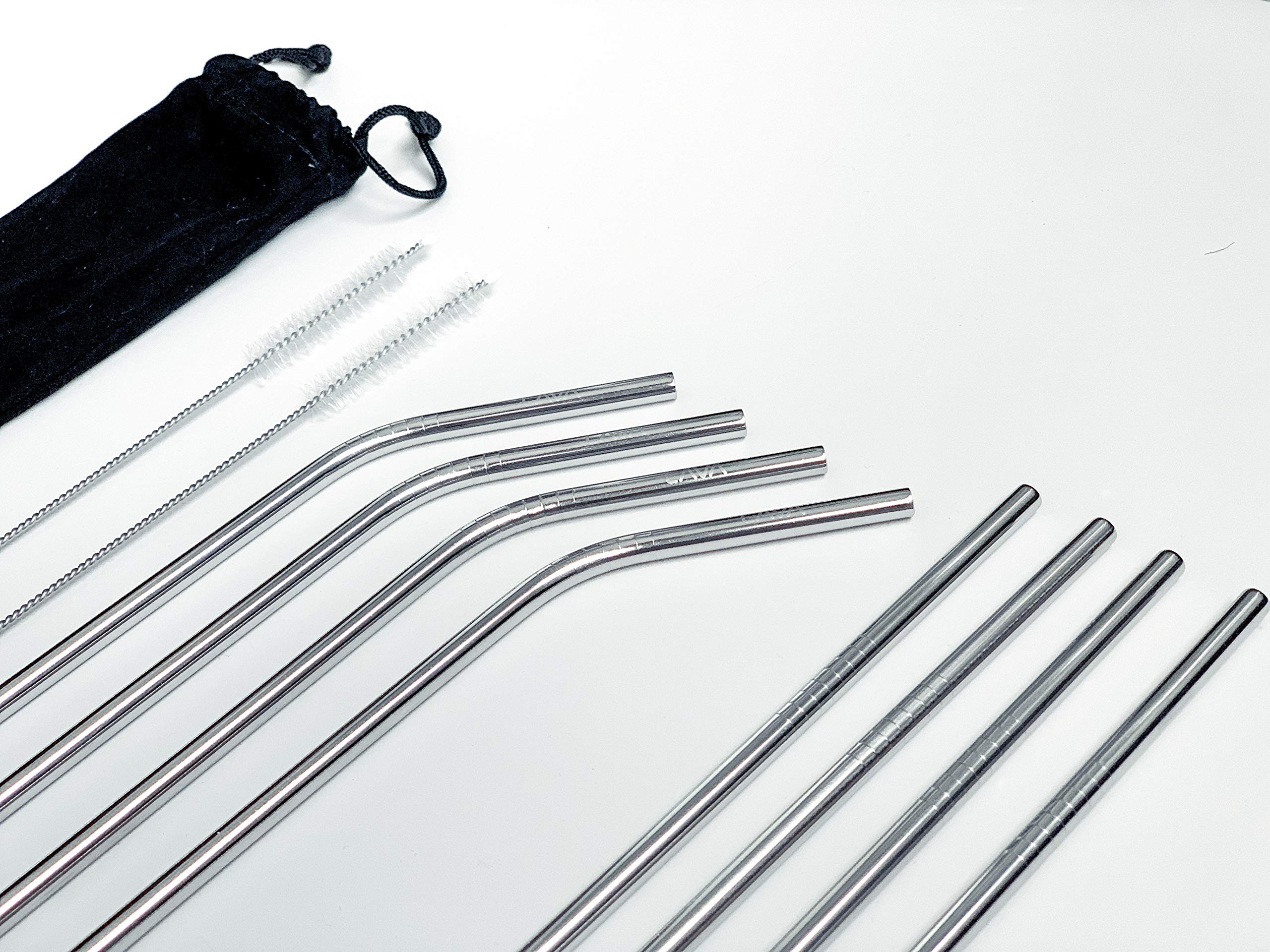 LAVA Premium 10pc 9.5" (6mm Diameter) Stainless Steel Metal Straws Includes (4) Straight Straws, (4) Bent Straws and (2) Cleaning Brushes with Travel Pouch