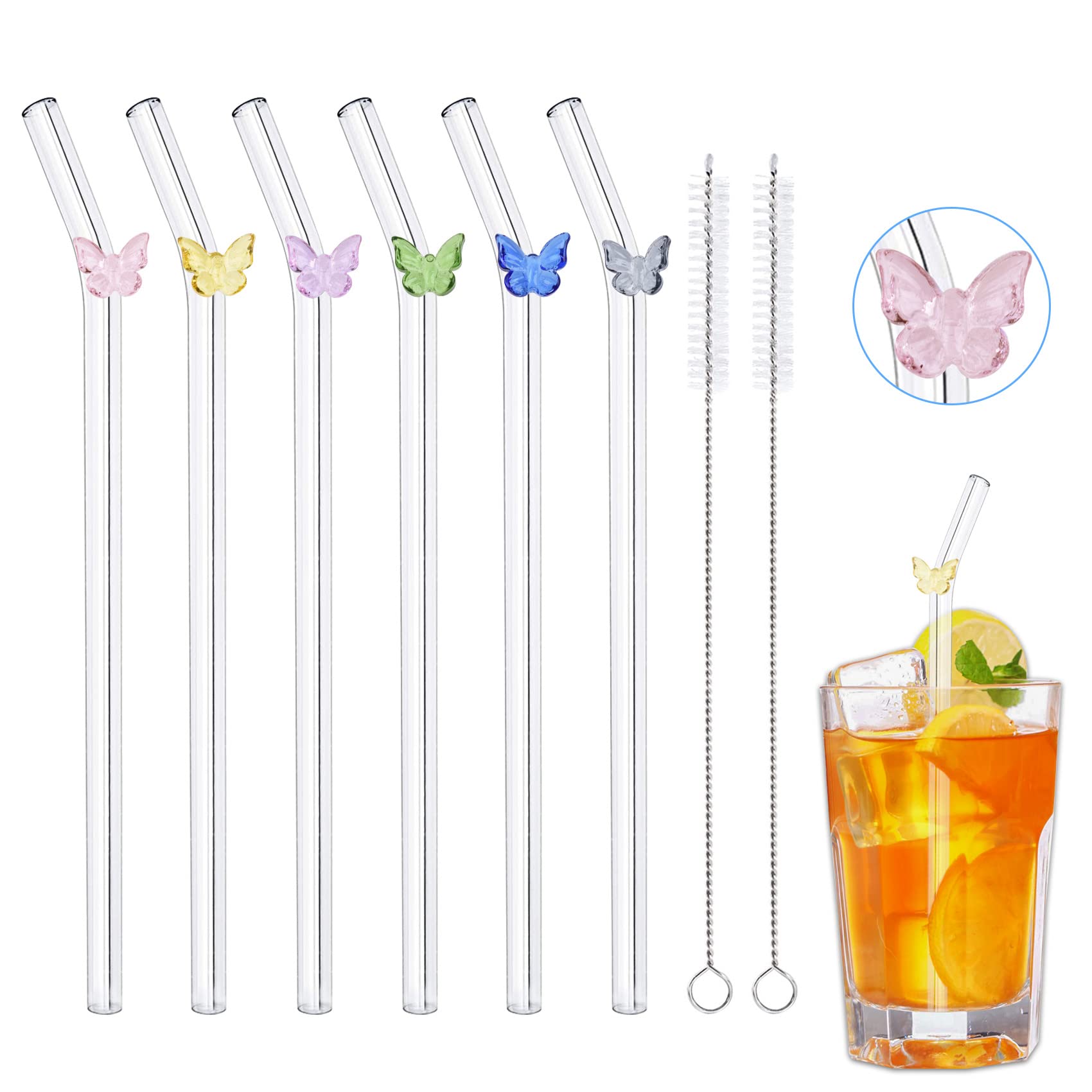 Clear Glass Straws with Design, 6Pcs Reusable Straws, Butterfly Glass Straw Shatter Resistant with 2 Cleaning Brush, Cute Straws with Charms Butterfly, Bent Drinking Straws for Smoothies Juice