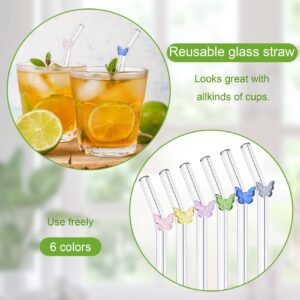 Clear Glass Straws with Design, 6Pcs Reusable Straws, Butterfly Glass Straw Shatter Resistant with 2 Cleaning Brush, Cute Straws with Charms Butterfly, Bent Drinking Straws for Smoothies Juice