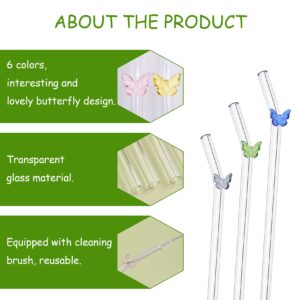 Clear Glass Straws with Design, 6Pcs Reusable Straws, Butterfly Glass Straw Shatter Resistant with 2 Cleaning Brush, Cute Straws with Charms Butterfly, Bent Drinking Straws for Smoothies Juice