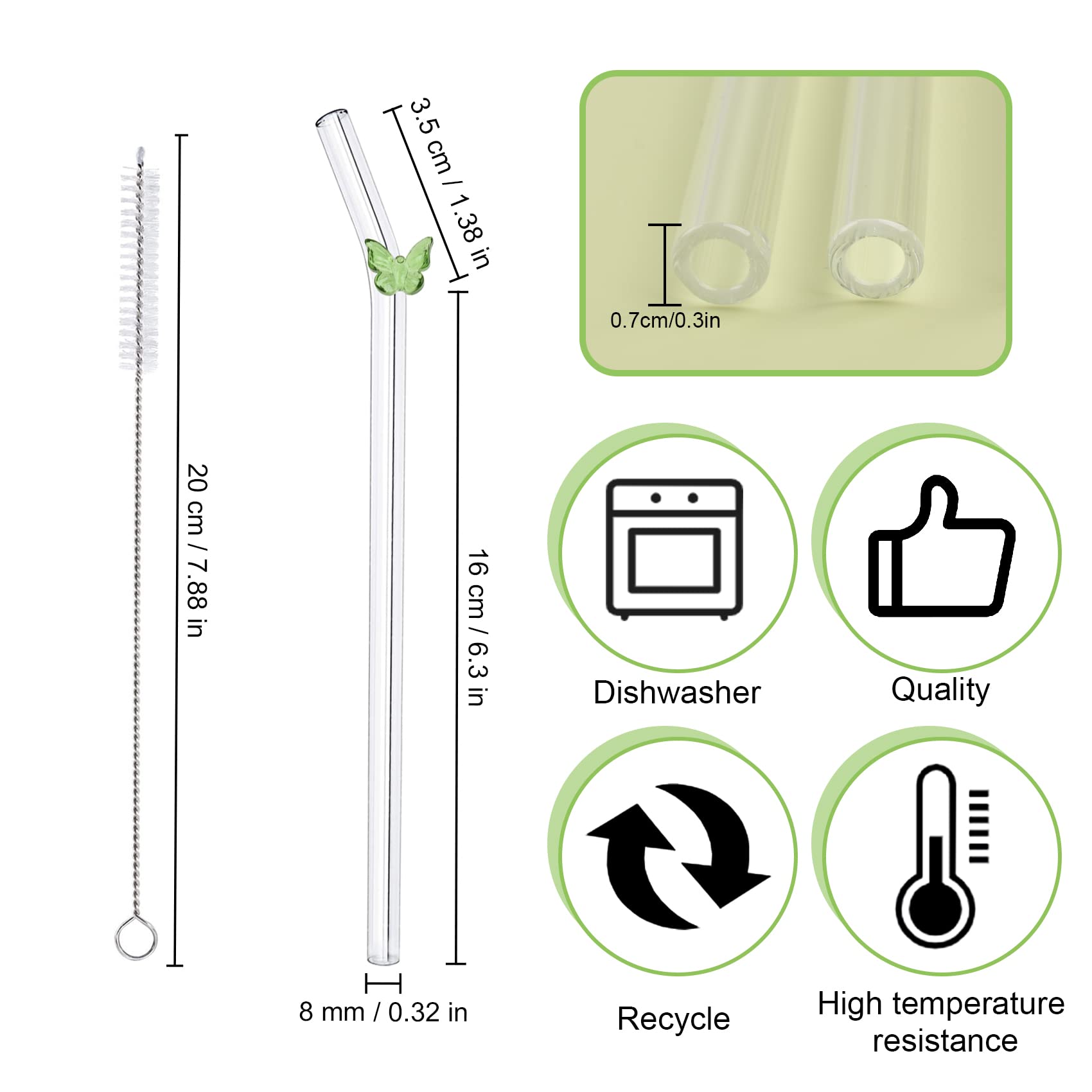 Clear Glass Straws with Design, 6Pcs Reusable Straws, Butterfly Glass Straw Shatter Resistant with 2 Cleaning Brush, Cute Straws with Charms Butterfly, Bent Drinking Straws for Smoothies Juice