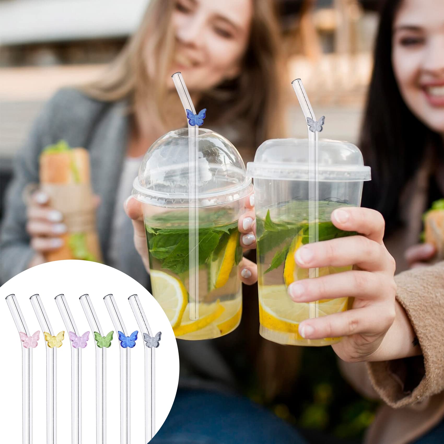 Clear Glass Straws with Design, 6Pcs Reusable Straws, Butterfly Glass Straw Shatter Resistant with 2 Cleaning Brush, Cute Straws with Charms Butterfly, Bent Drinking Straws for Smoothies Juice