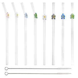 8 pcs glass straws with design reusable straws with 2 cleaning brush colorful glass straws shatter resistant bar accessories for cocktail, smoothies, milkshakes, juice (2 styles)