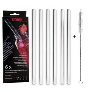 simax reusable glass drinking straws - for smoothies, boba, milkshake, iced coffee, etc. - shatter resistant borosilicate glass straws for hot and cold drinks - pack of 6 drinking straws with brush