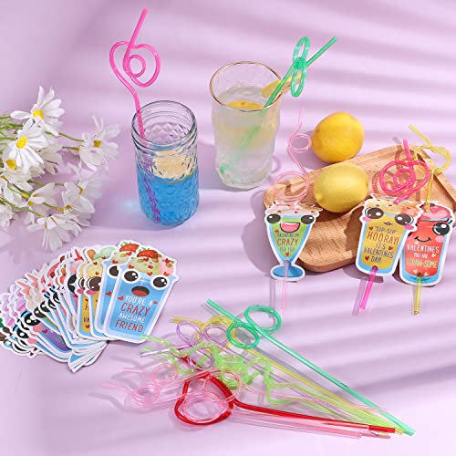 32pcs Valentines Day Straws for Kids, Valentine's Day Crazy Twisty Straws with Cards Reusable Drinking Colorful Straws Valentine Exchange Gifts Prizes for Boys Girls Classroom School Party Favors