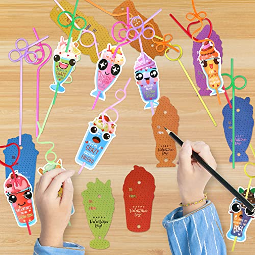 32pcs Valentines Day Straws for Kids, Valentine's Day Crazy Twisty Straws with Cards Reusable Drinking Colorful Straws Valentine Exchange Gifts Prizes for Boys Girls Classroom School Party Favors