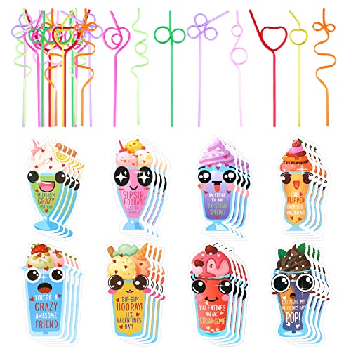 32pcs Valentines Day Straws for Kids, Valentine's Day Crazy Twisty Straws with Cards Reusable Drinking Colorful Straws Valentine Exchange Gifts Prizes for Boys Girls Classroom School Party Favors