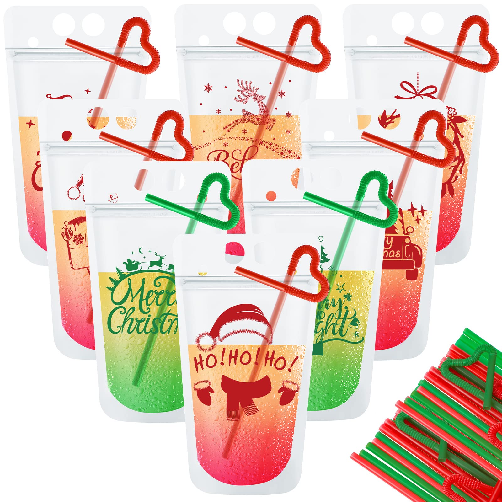 Spiareal 24 Set Christmas Drink Pouches for Adult with Straw, Drink Bags Reclosable Plastic Drink Pouches Xmas Juice Pouch for Christmas Party New Year Beverage Juice Cocktail